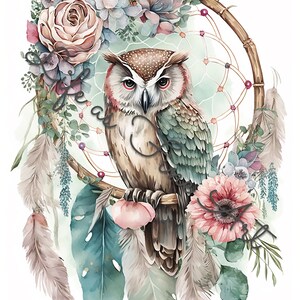 Watercolor Boho Owls Clipart With Boho Flowers, Dreamcatcher & Boho ...