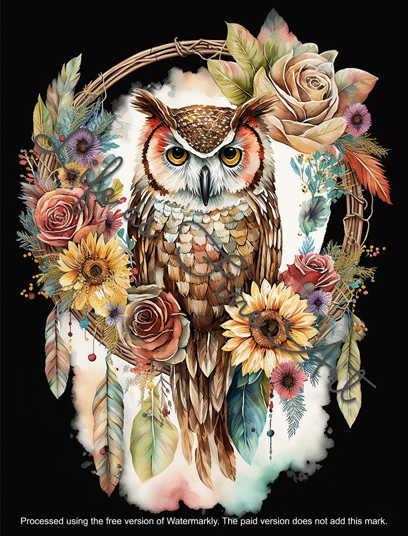 Watercolor Boho Owls Clipart With Boho Flowers, Dreamcatcher & Boho ...