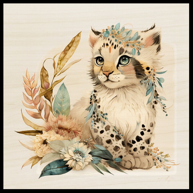 Cute Boho Kawaii Snow Leopard Cub & Boho Flowers, Nursery Wall Art ...
