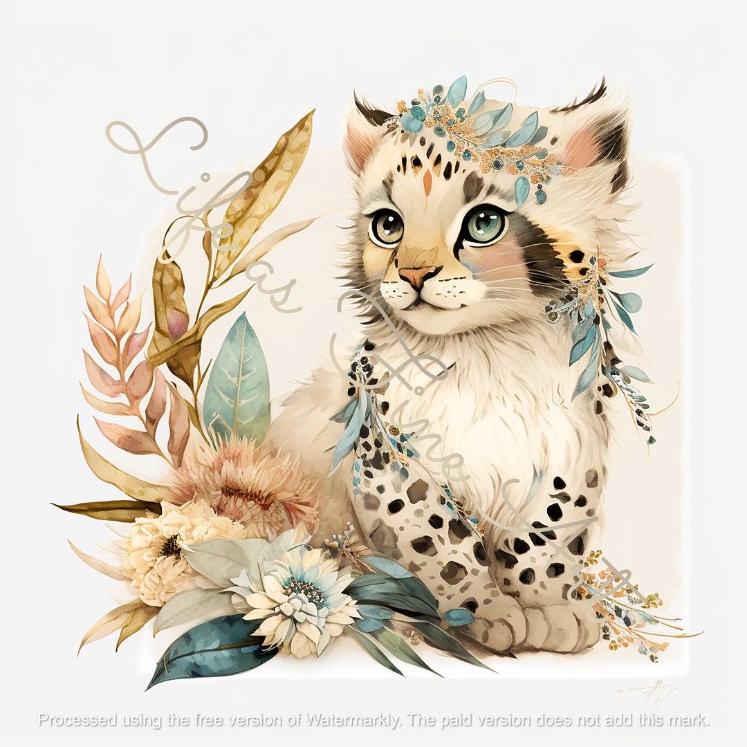 Cute Boho Kawaii Snow Leopard Cub & Boho Flowers, Nursery Wall Art ...