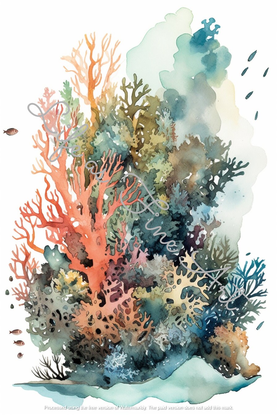 Coral and Seaweed Watercolor Clipart, Ocean Wildlife, Seaweed, Sea ...