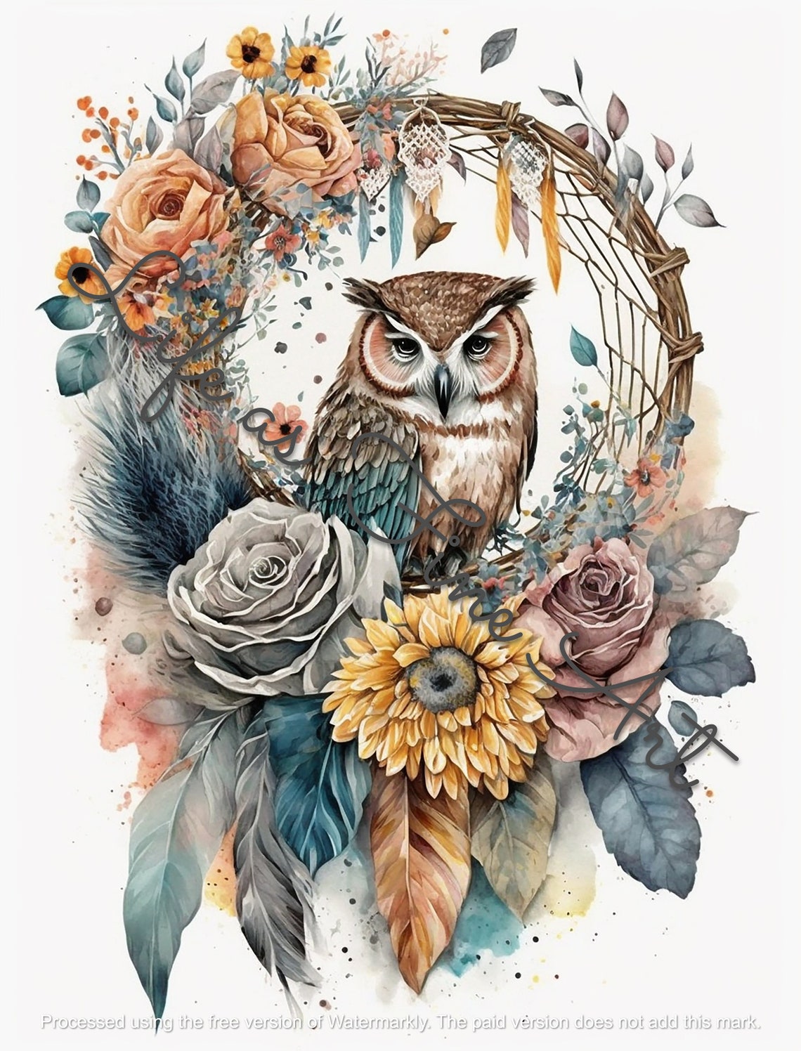 Watercolor Boho Owls Clipart With Boho Flowers, Dreamcatcher & Boho ...