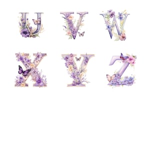Watercolor English Alphabet Letters in Violet Colors With Flowers for ...