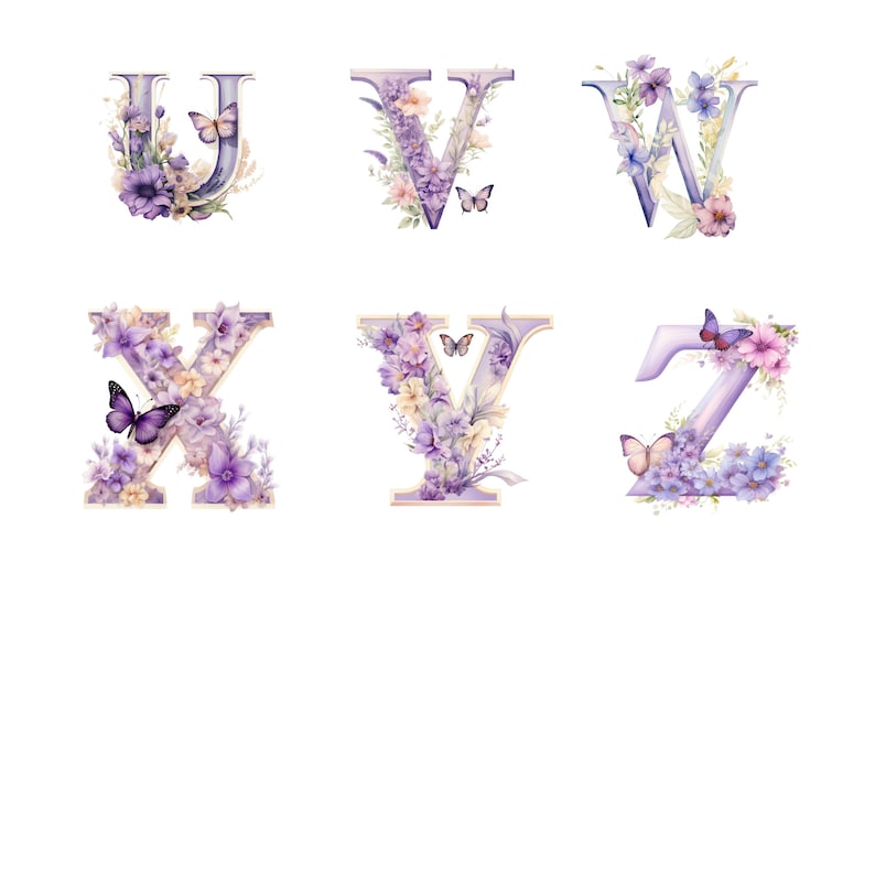 Watercolor English Alphabet Letters in Violet Colors With Flowers for ...