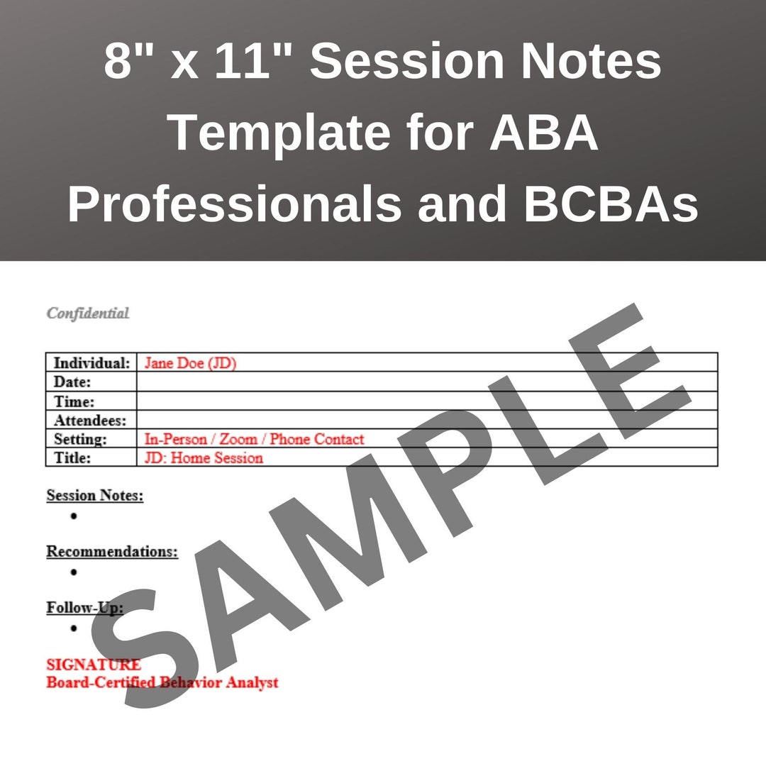 8" X 11" Session Notes Template for ABA Professionals and Bcbas - Fully ...