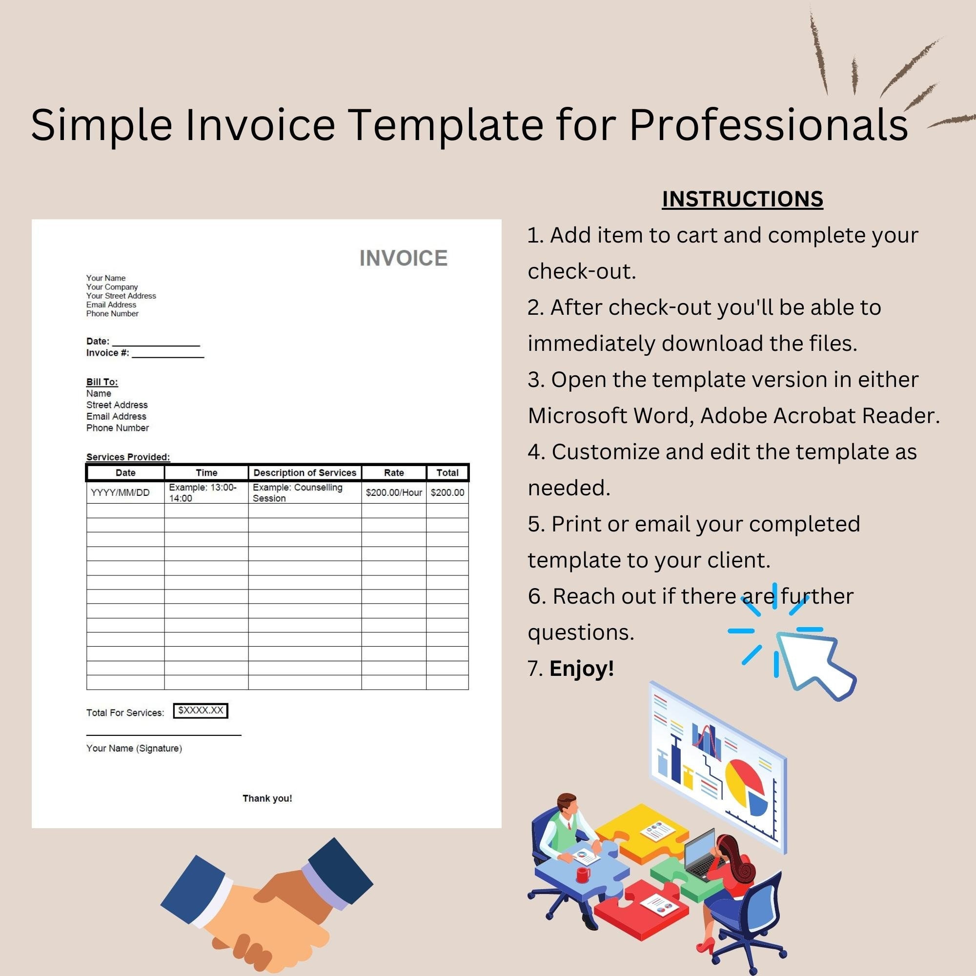 Simple Invoice Template for Service Professionals. Hourly Services ...
