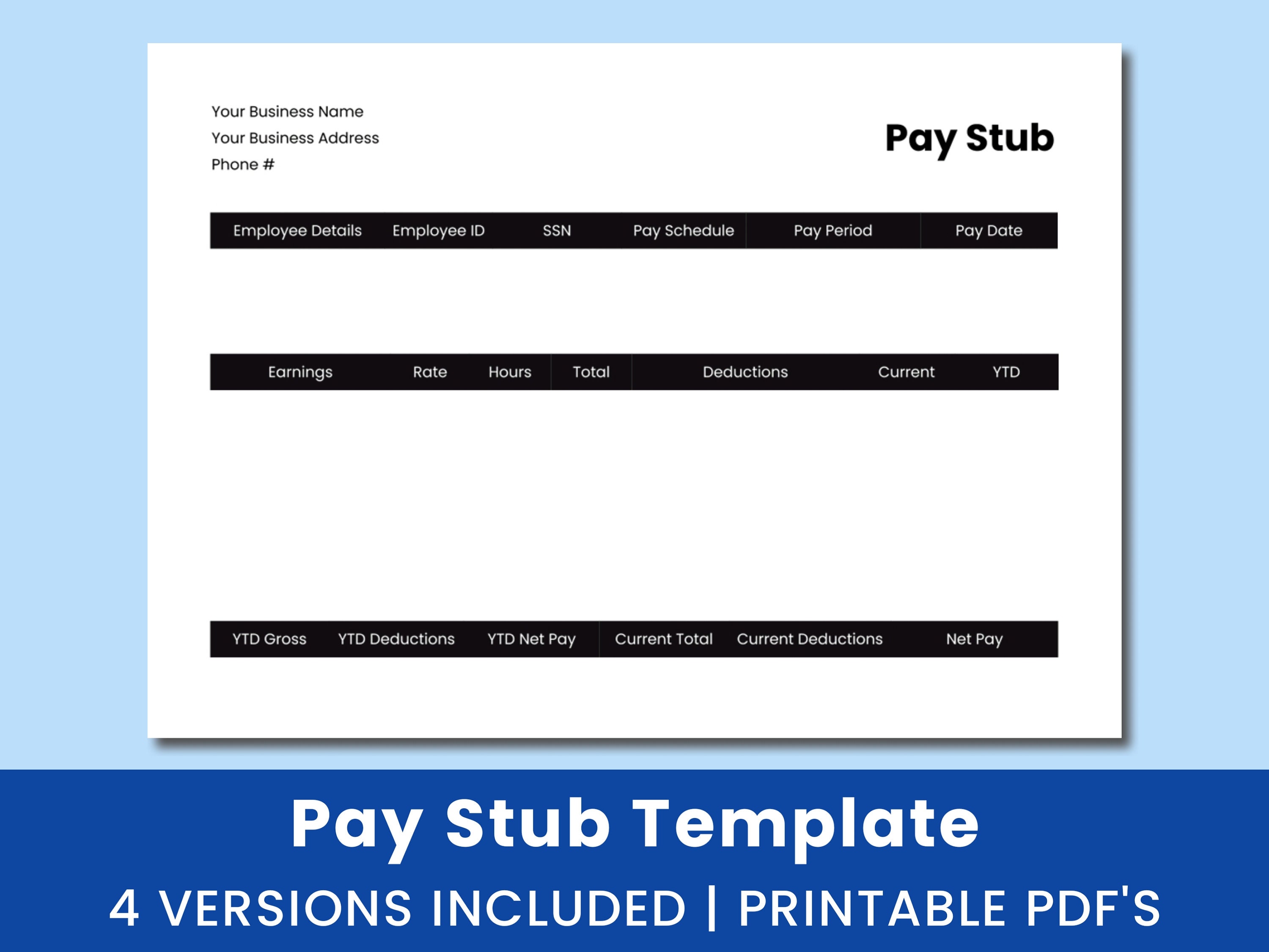 Blank Pay Check Stub Template. Printable PDF. Downloadable. - Etsy