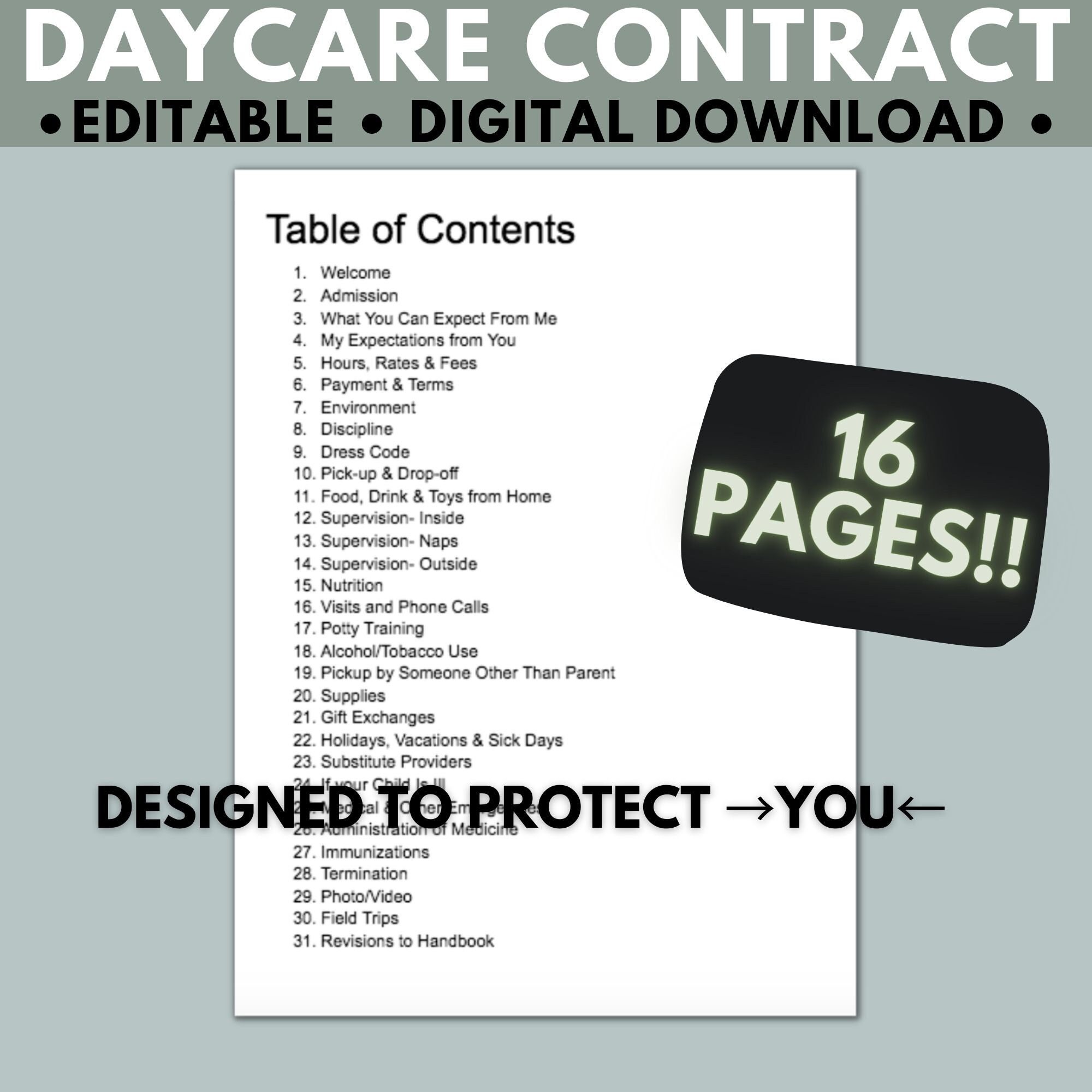 CUSTOMIZABLE Daycare Contract | Parent Agreement | In-home Handbook ...
