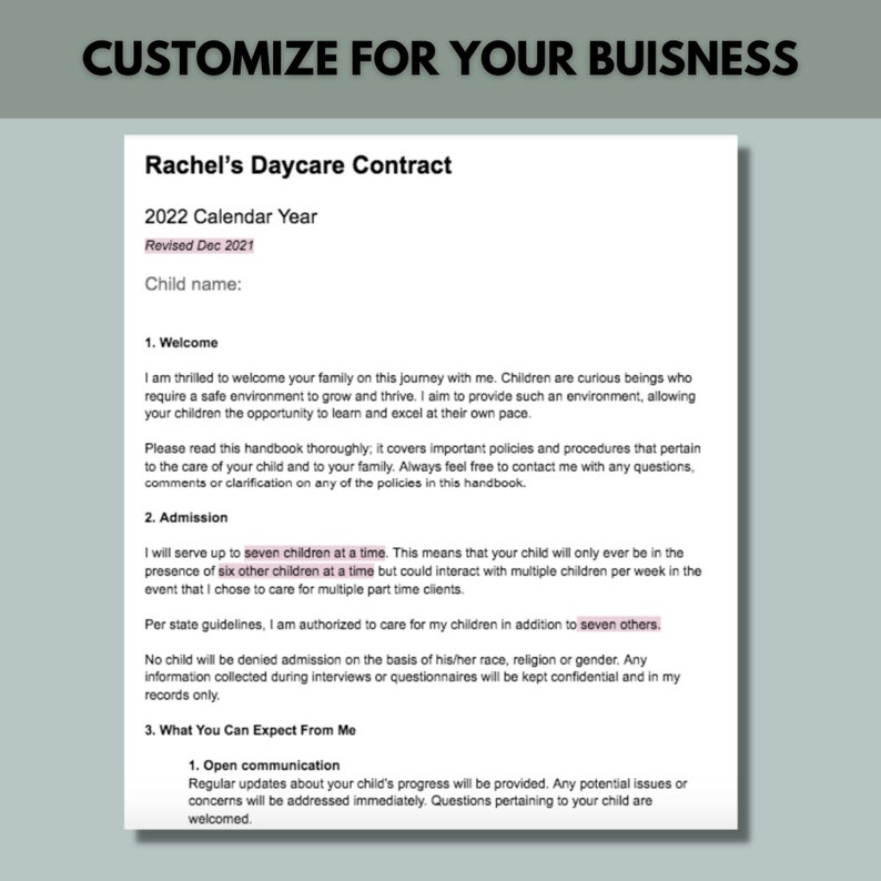 CUSTOMIZABLE Daycare Contract Parent Agreement In-home Handbook digital ...