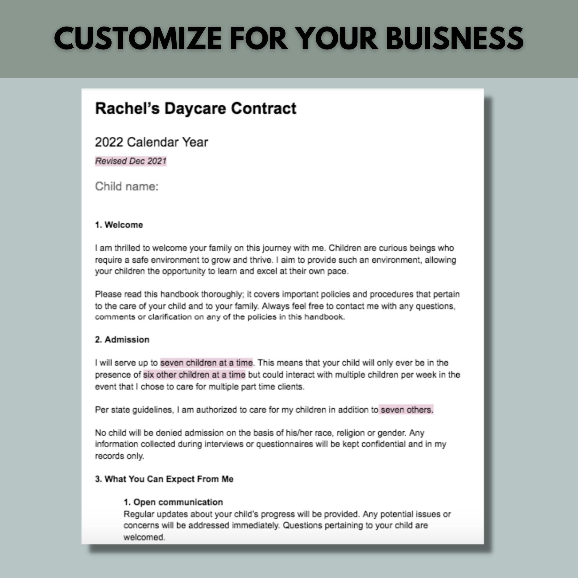 CUSTOMIZABLE Daycare Contract Parent Agreement In-home Handbook digital ...