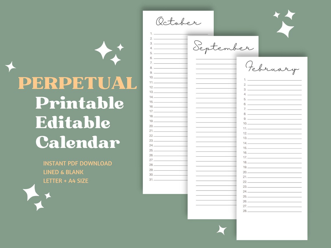 Printable Editable Perpetual Calendar Planner Instant Download Letter ...