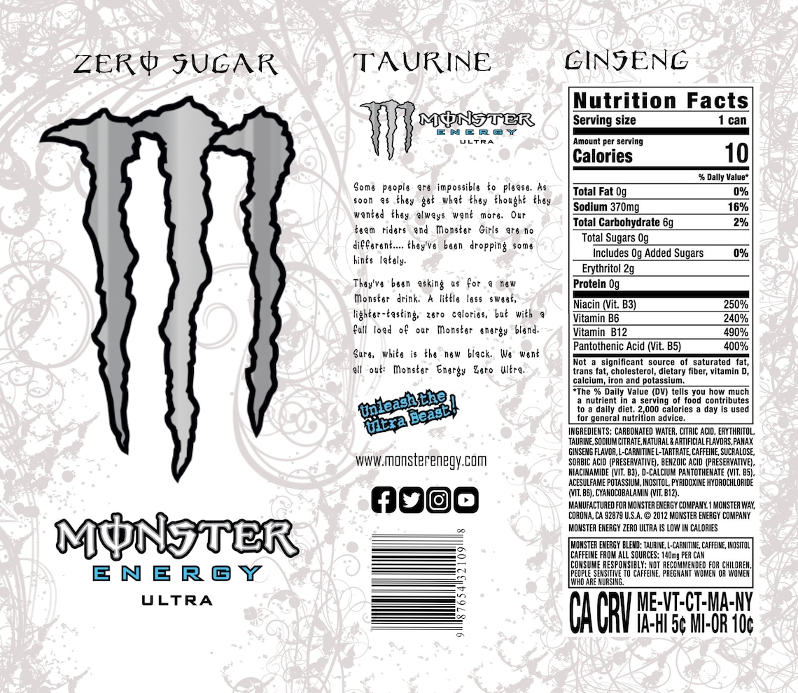 White Monster 20oz Sublimation Energy Drinks Funny - Etsy India