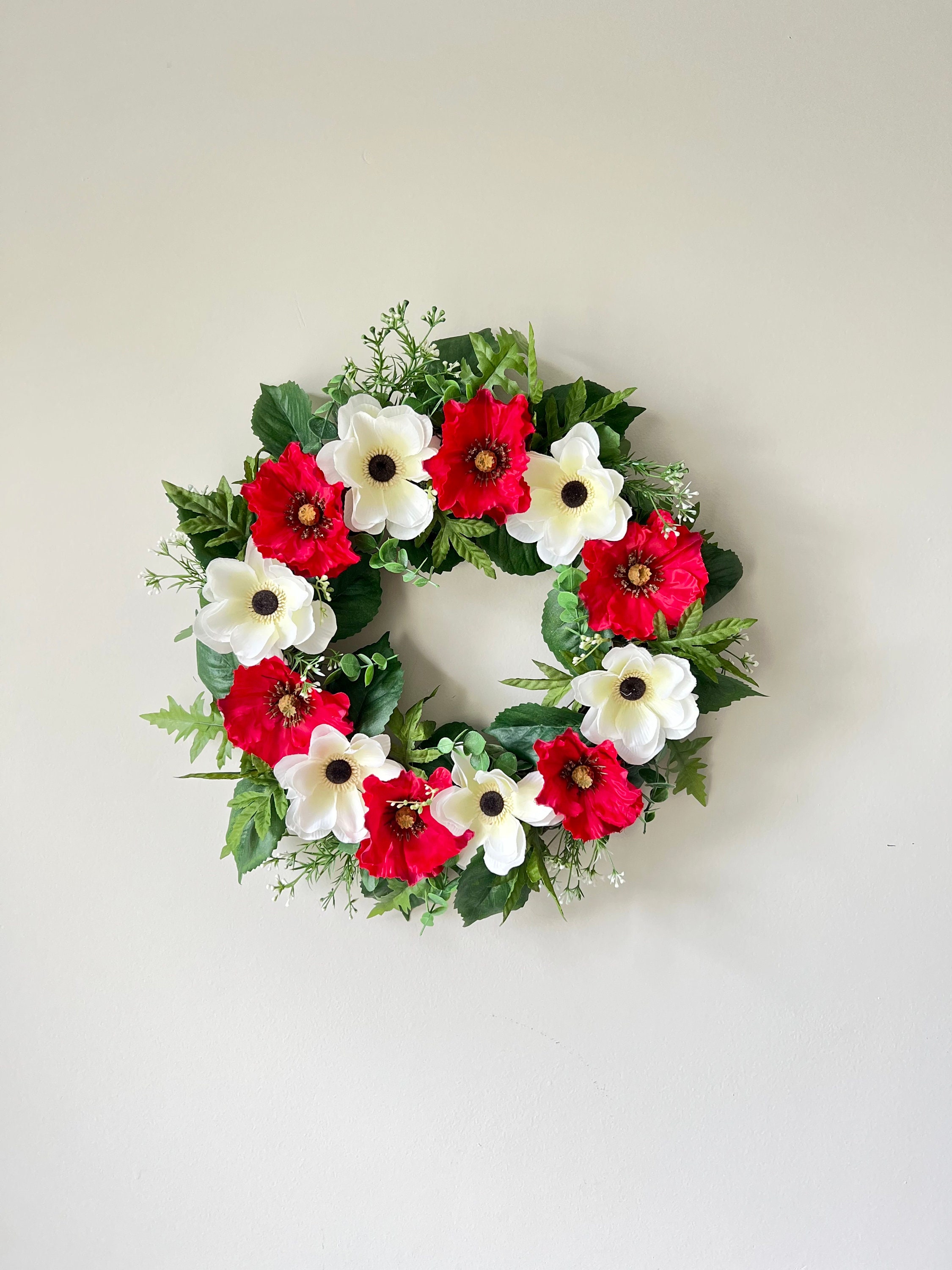 Red and White Wreath, Summer Wreath, Spring Wreath, Red Poppy Wreath ...