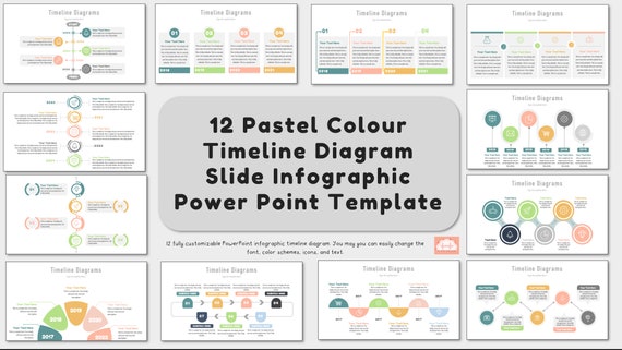12 Pastel Colour Timeline Diagram Slide Infographic Power | Etsy