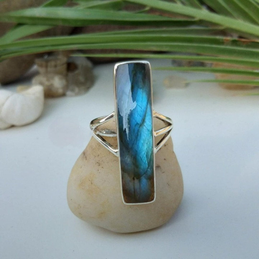 Simple Labradorite Ring, 925 Sterling Silver, Rectangle Shape, Grey ...