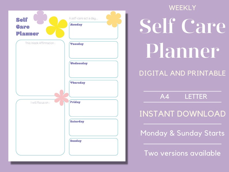 Cute Printable Self Care Planner, Floral Weekly Printable Stationery ...
