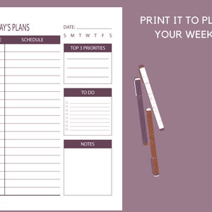 Minimalist Printable Daily Planner, Purple Single Page Planner ...
