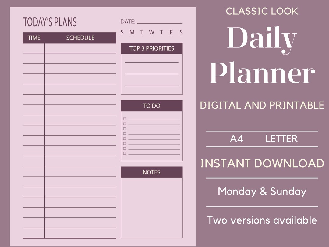 Minimalist Printable Daily Planner, Purple Single Page Planner ...