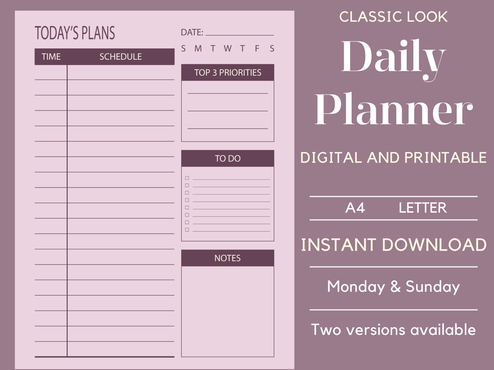 Minimalist Printable Daily Planner, Purple Single Page Planner ...