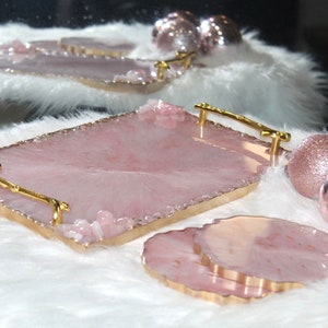 Handmade Rose Quartz Resin Tray: Pink, White, and Gold Accent - Etsy
