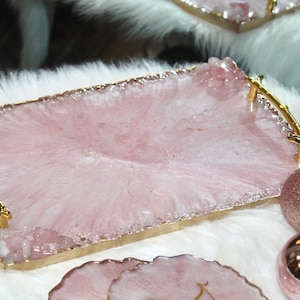 Handmade Rose Quartz Resin Tray: Pink, White, and Gold Accent - Etsy