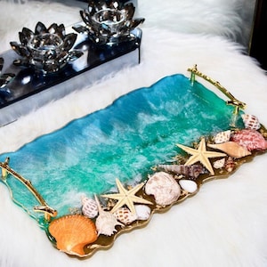 Handmade Large Luxurious Ocean Shell Embellished Resin Tray With Star ...