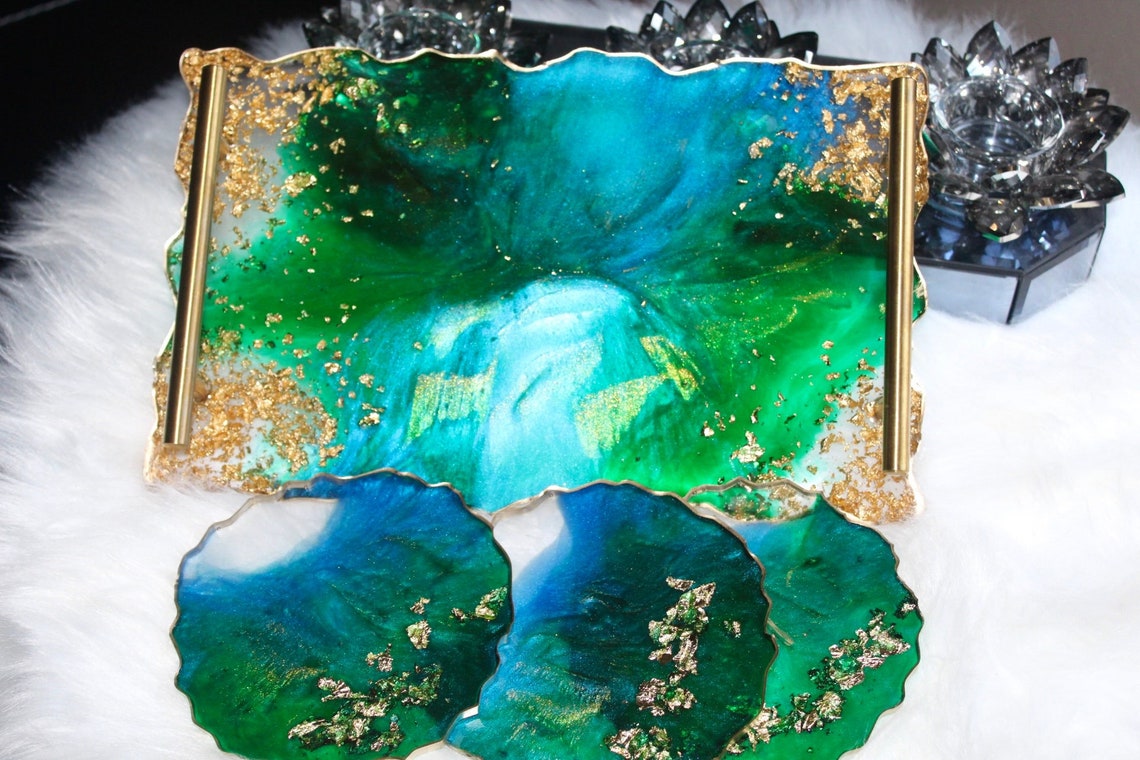 Handmade Green Resin Tray With Handles and Coasters Geode Tray - Etsy