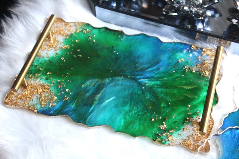 Handmade Green Resin Tray With Handles and Coasters Geode Tray - Etsy