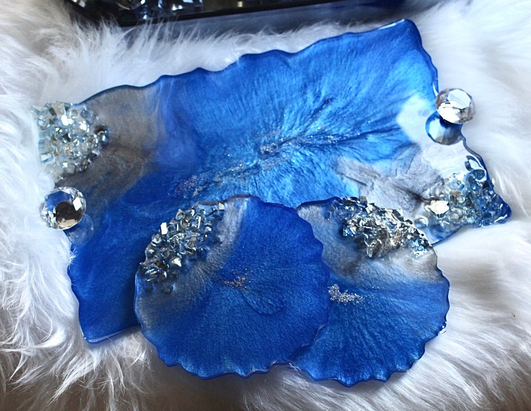 Handmade Blue Resin Geode Tray With Crystal Knob Handles & Coasters - Etsy