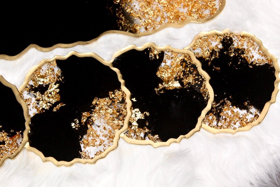 Handmade Black and Gold Resin Coasters: Geode Agate Style - Etsy