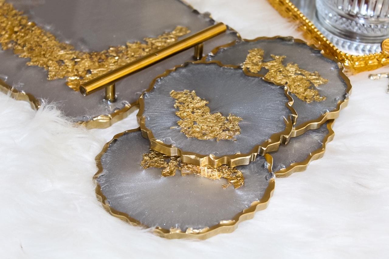 Handmade Gray Resin Coasters: Geode Agate With Gold Trim (set of 4) - Etsy