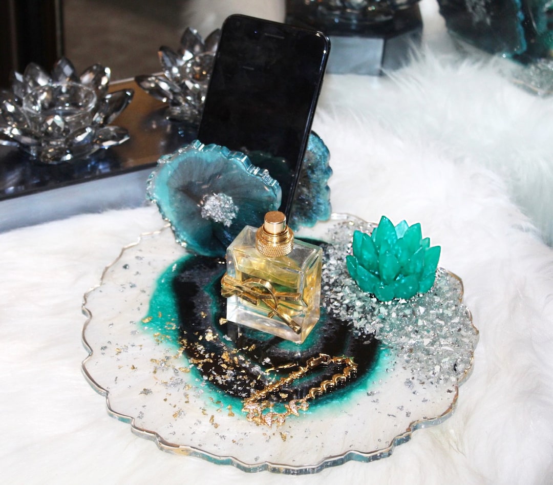 Handmade Ocean Inspired Blue Resin Tray Rose Resin Ring Holder Phone Holder Geode Tray Gift Tray ...