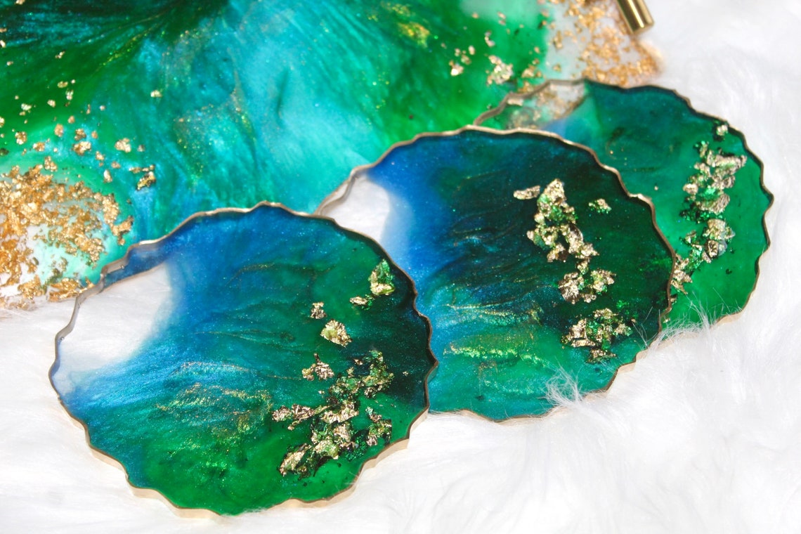 Handmade Green Resin Tray With Handles and Coasters Geode Tray - Etsy