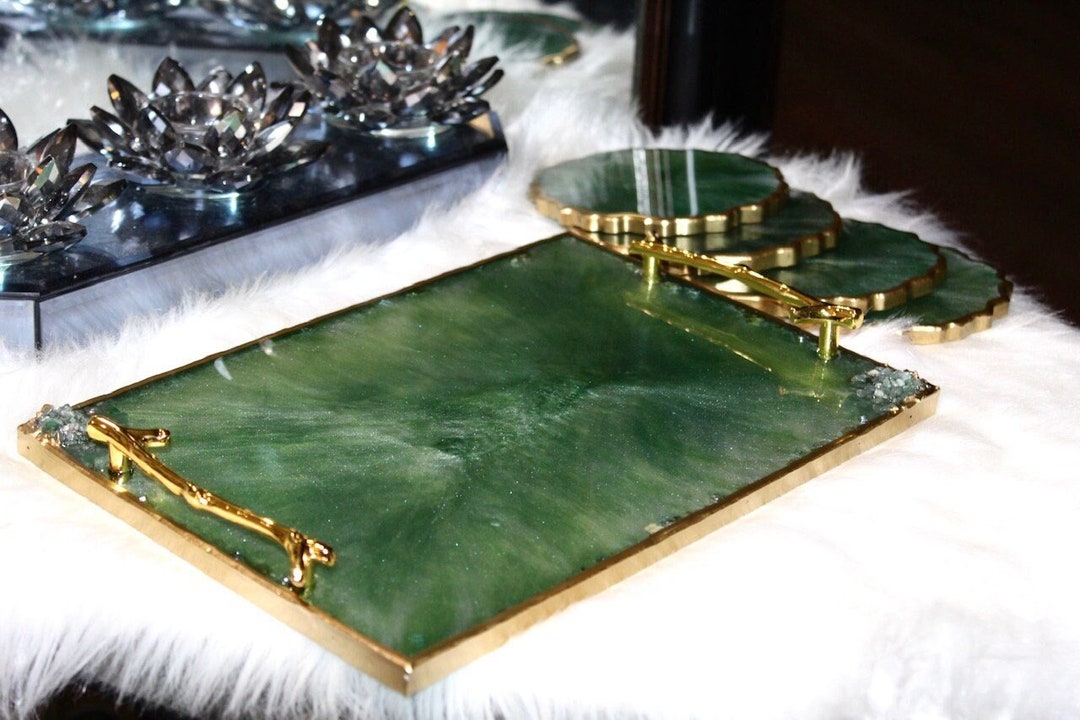 HANDMADE Green Aventurine Quartz Crystal Tray Epoxy Resin Tray W ...