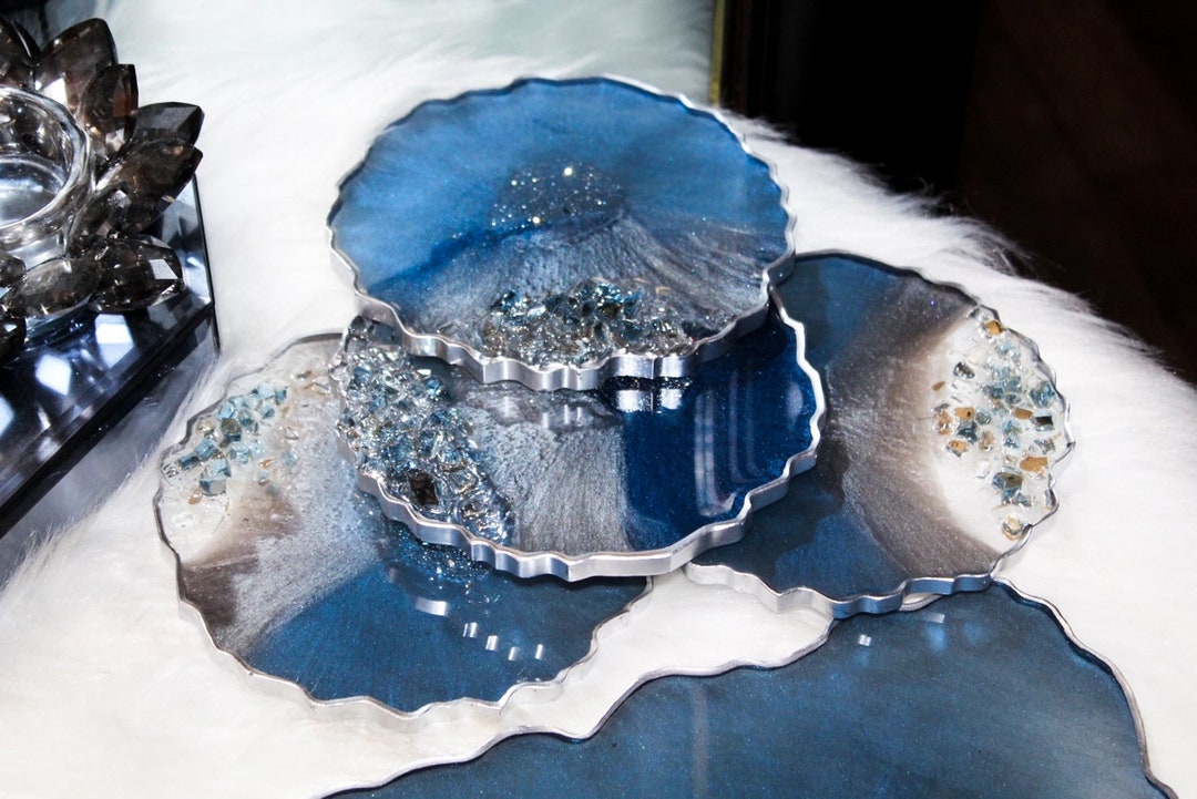 HANDMADE OCEAN INSPIRED Blue & Silver Coaster Sets With Irregular ...