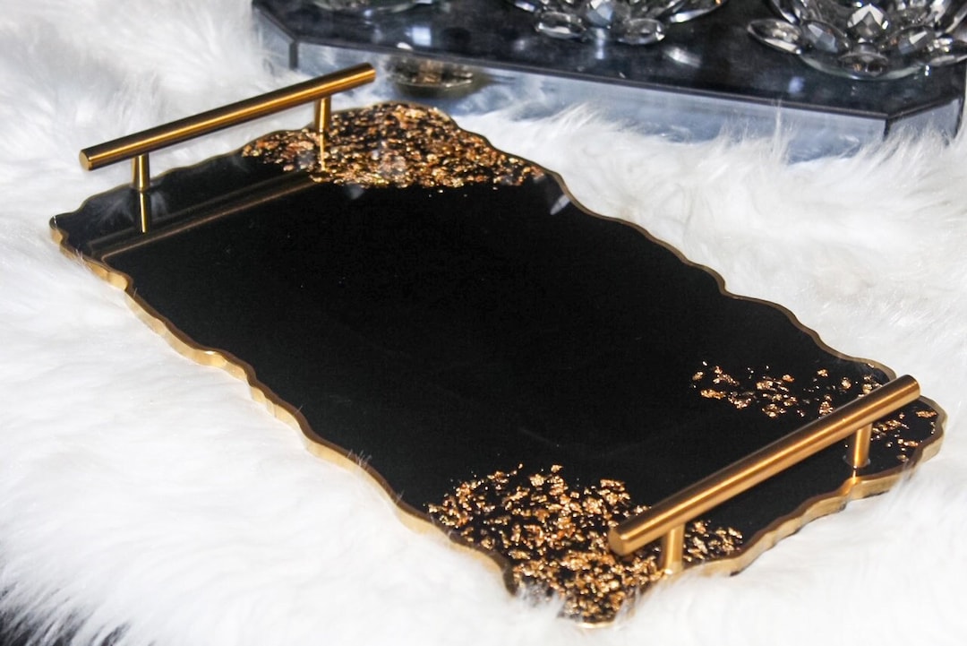 Handmade Black Geode Resin Tray With Gold Handles & Flakes - Etsy
