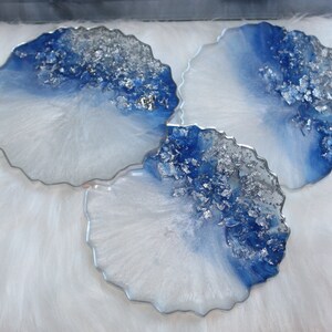 Handmade Blue, White & Silver Resin Coaster Set - Etsy