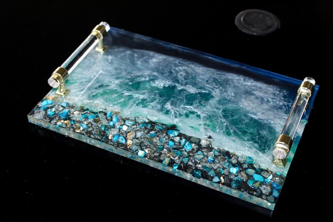 HANDMADE Large Decorative Ocean Resin Tray Glass Elegant Tray W/ Gold ...