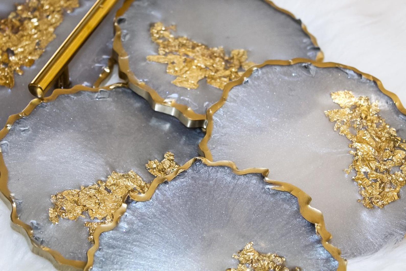 Handmade Gray Resin Coasters: Geode Agate With Gold Trim (set of 4) - Etsy