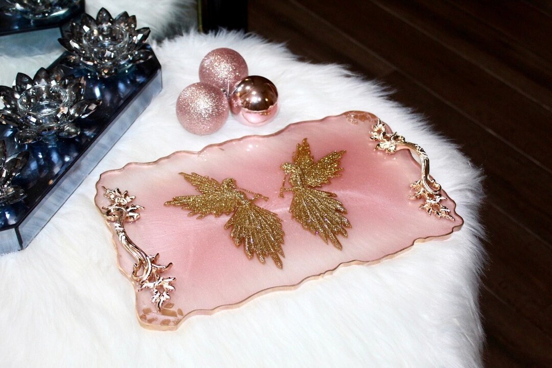 HANDMADE ANGEL Inspired Resin Tray Large Rose Gold Glitter Resin Tray ...