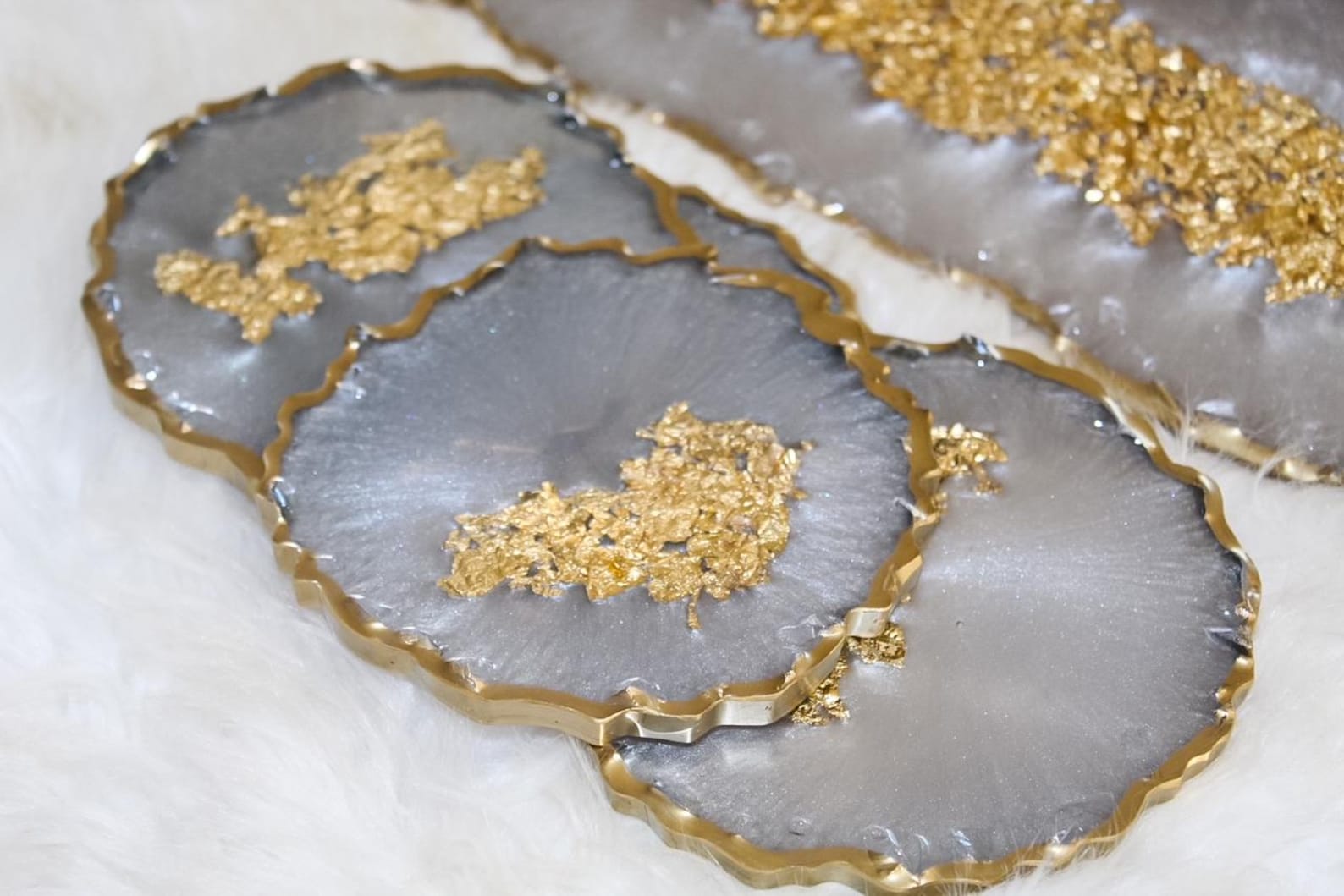 Handmade Gray Resin Coasters: Geode Agate With Gold Trim (set of 4) - Etsy