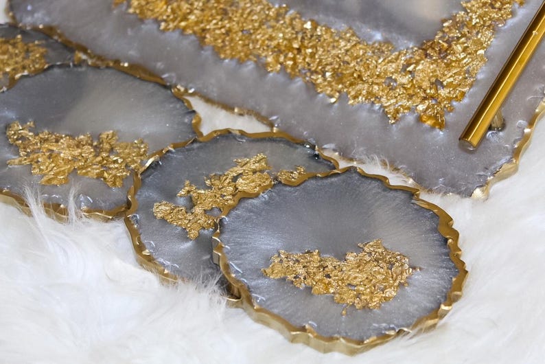 Handmade Gray Resin Coasters: Geode Agate With Gold Trim (set of 4) - Etsy