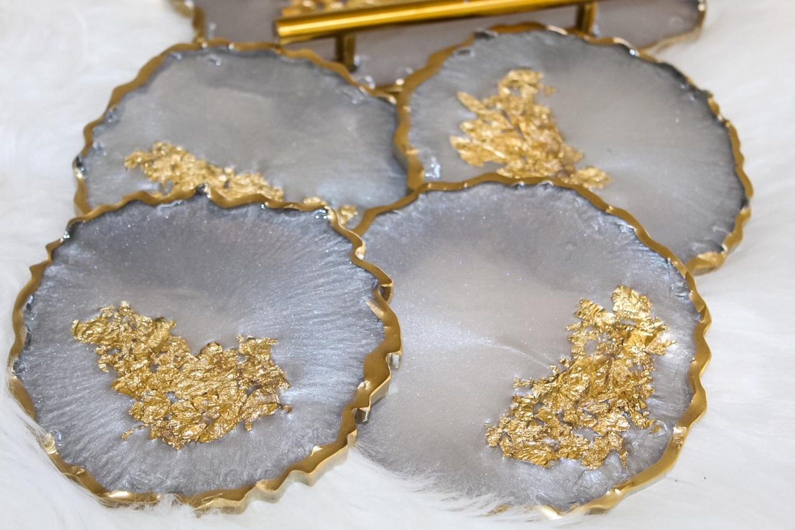 Handmade Gray Resin Coasters: Geode Agate With Gold Trim (set of 4) - Etsy