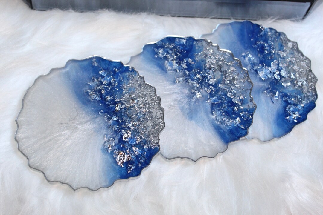 Blue, White, and Silver Coaster Sets, Large Coasters Circular Coasters ...