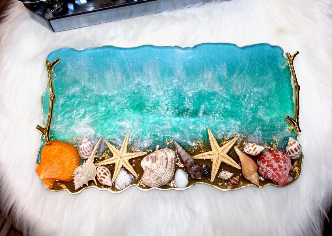 Handmade Large Luxurious Ocean Shell Embellished Resin Tray With Star ...