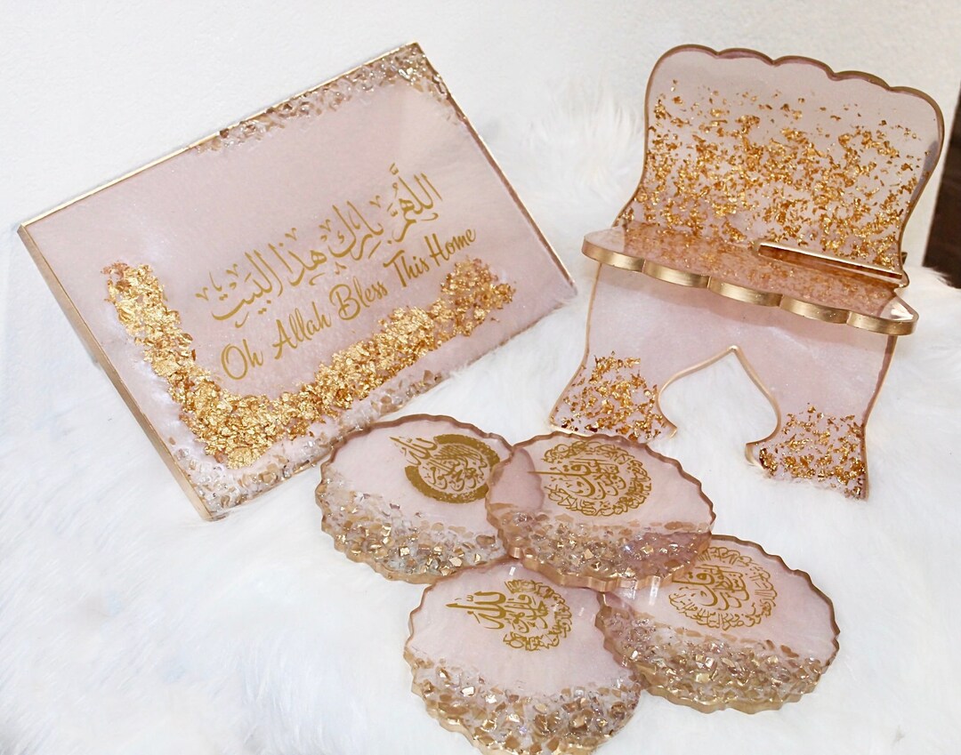 Handmade Gold Flake Resin Tray Set: Quran Holder & Coasters, Islamic ...