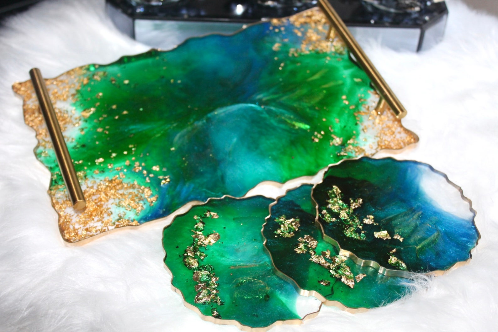 Handmade Green Resin Tray With Handles and Coasters Geode Tray - Etsy