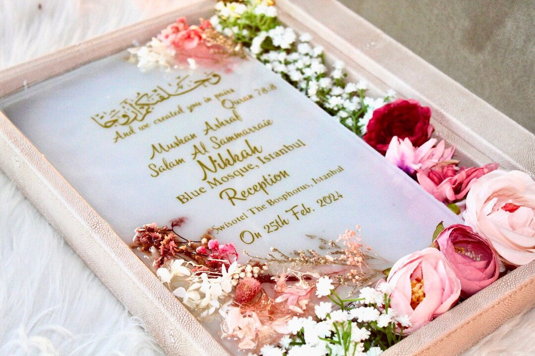 Handmade Resin Floral Wedding Invitation Tray: Gold Print Nikkah ...