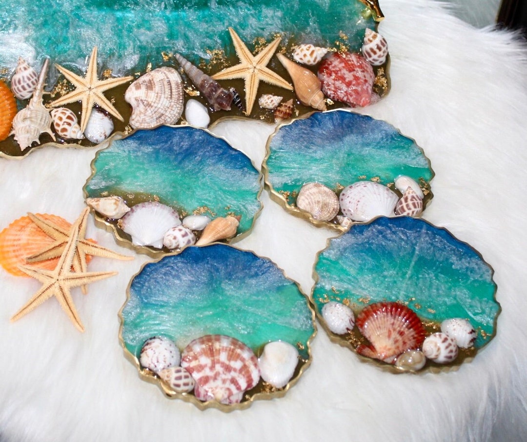 HANDMADE OCEAN INSPIRED Coaster Set, Shell Resin Coaster, House Warming ...