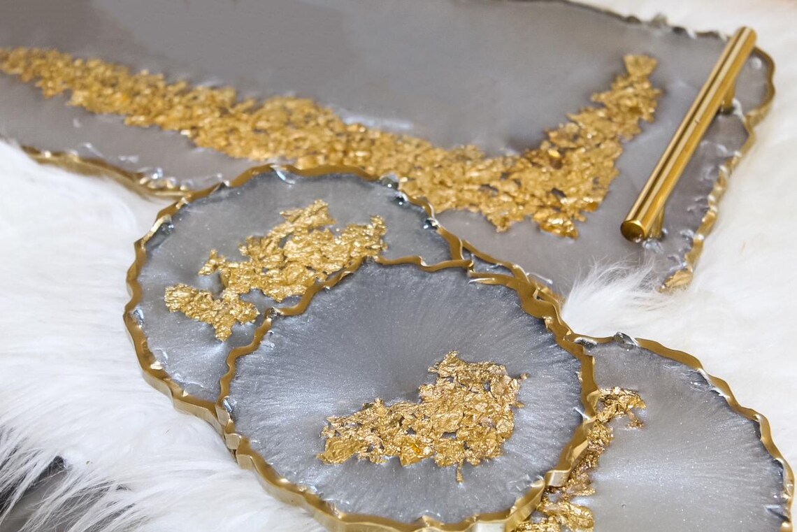 Handmade Gray Resin Coasters: Geode Agate With Gold Trim (set of 4) - Etsy